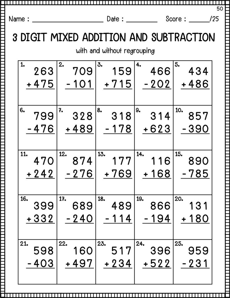 3 Digit Mixed Addition and Subtraction (with and Without Regrouping) Worksheet - Etsy