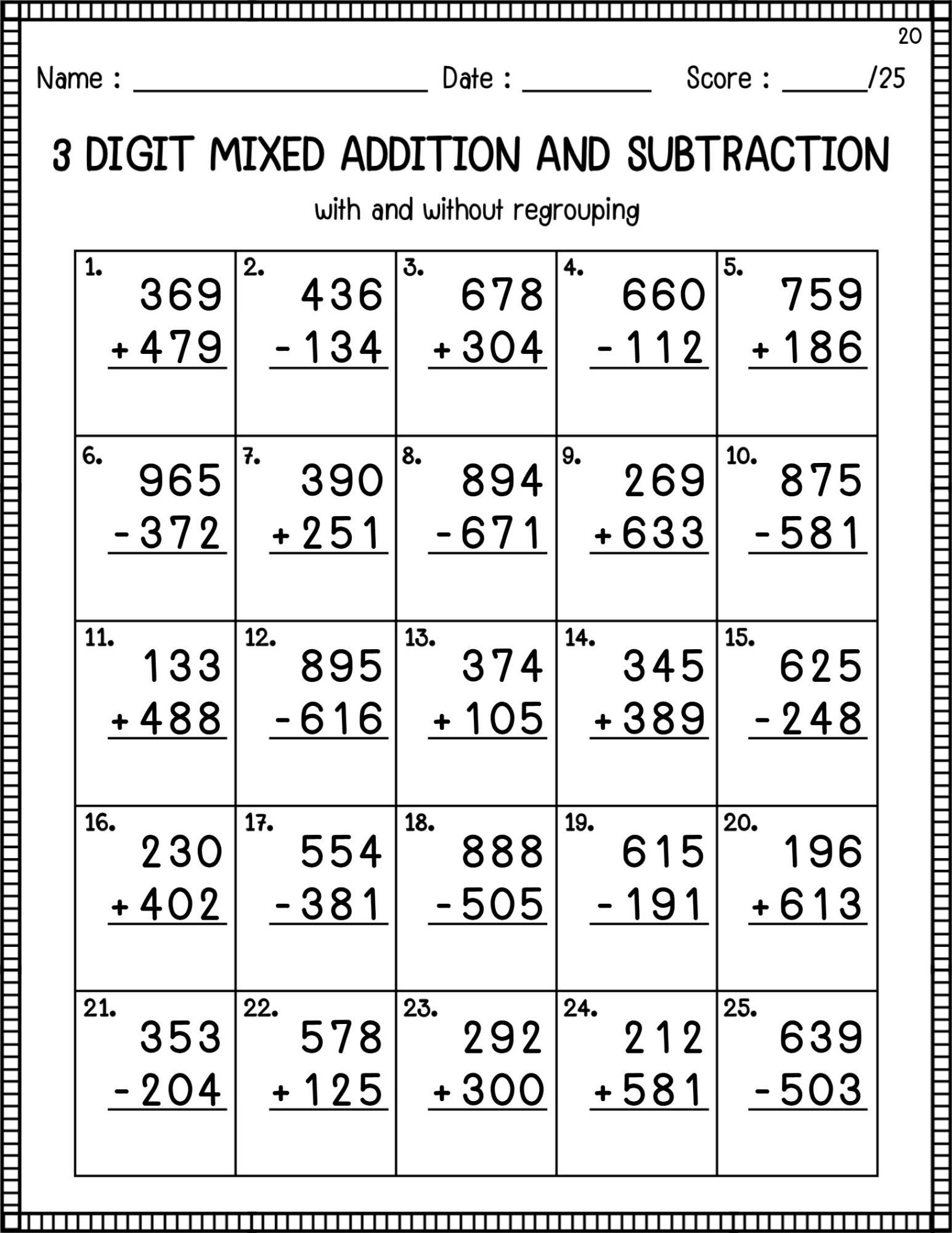 3 Digit Mixed Addition and Subtraction (with and Without Regrouping) Worksheet - Etsy