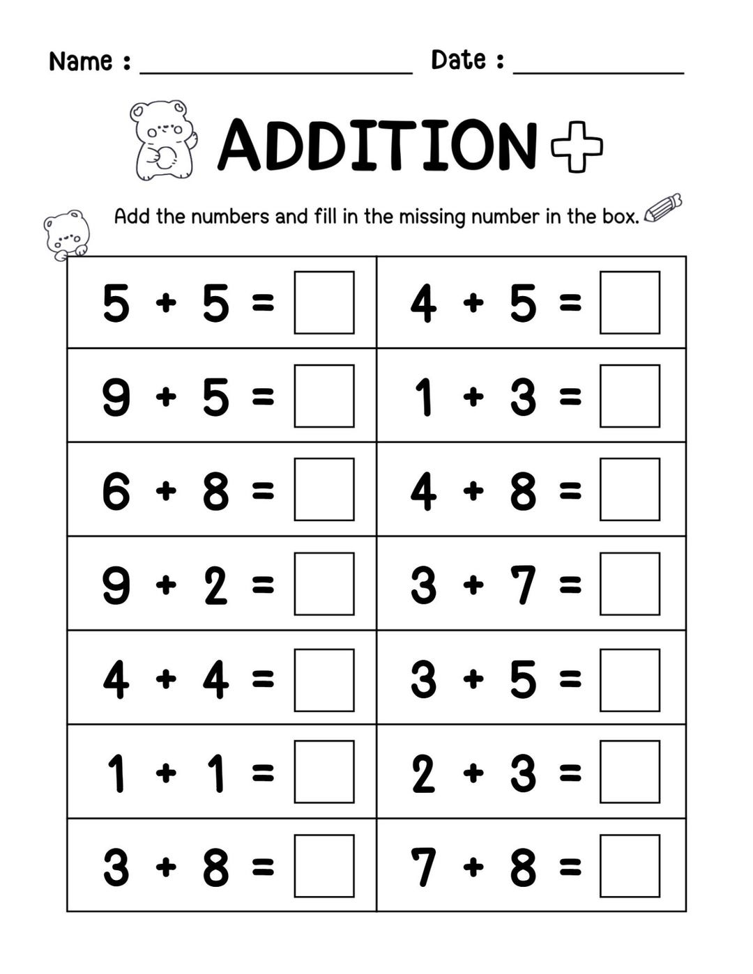 Addition Fill in the Blanks Worksheets: Numbers 1-15 (digital Download ...