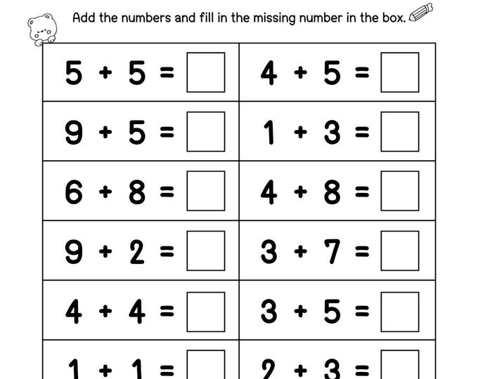 60 Printable Addition Fill in the Blanks Worksheets (numbers 1-20) for ...