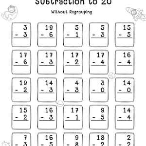 Subtraction Worksheets: Numbers 1-20, Kindergarten-1st Grade (PDF) - Etsy