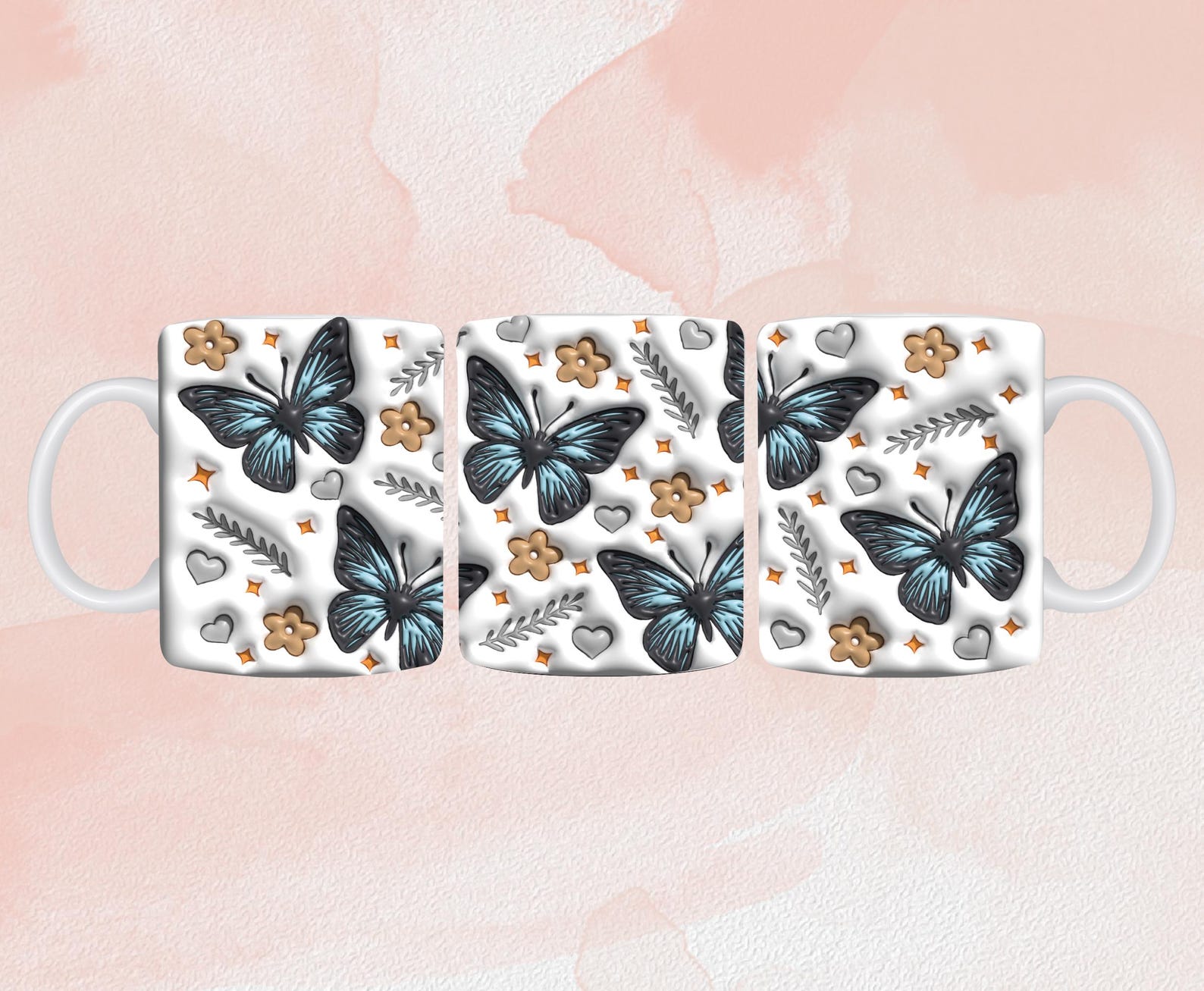 3D Blue Butterfly and Flowers Inflated Mug Wrap 11oz 15oz Unique Mug ...