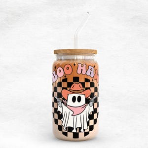 Boo Haw Cowboy Ghost 16oz Glass Can Wrap PNG | Halloween Glass Cup Wrap ...