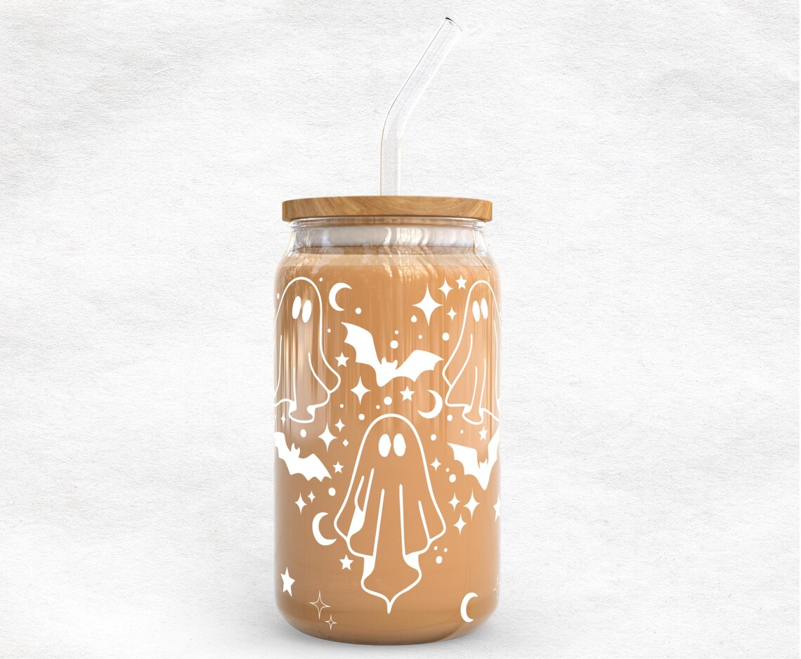 Halloween 16oz Glass Can Wrap SVG Heart Shaped Ghost Glass Cup Wrap ...