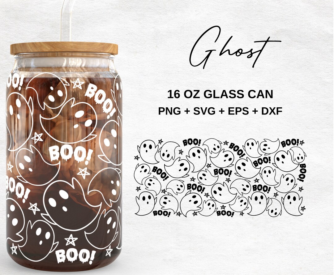 Halloween 16oz Glass Can Wrap PNG | Cute Ghost Glass Cup Wrap | Boo ...
