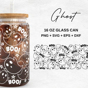 Halloween 16oz Glass Can Wrap PNG | Cute Ghost Glass Cup Wrap | Boo ...