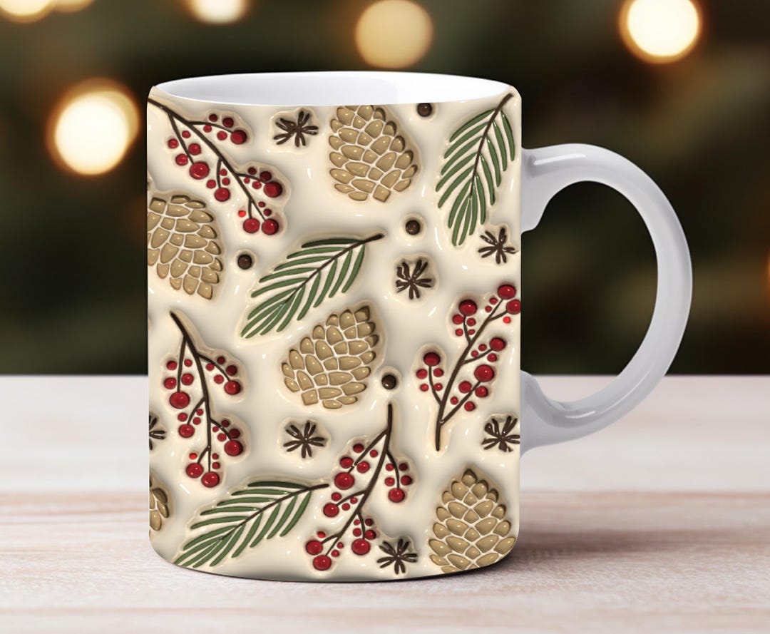 3D Inflated Christmas Pine Cone Mug Wrap, Christmas Plants and Leaves ...
