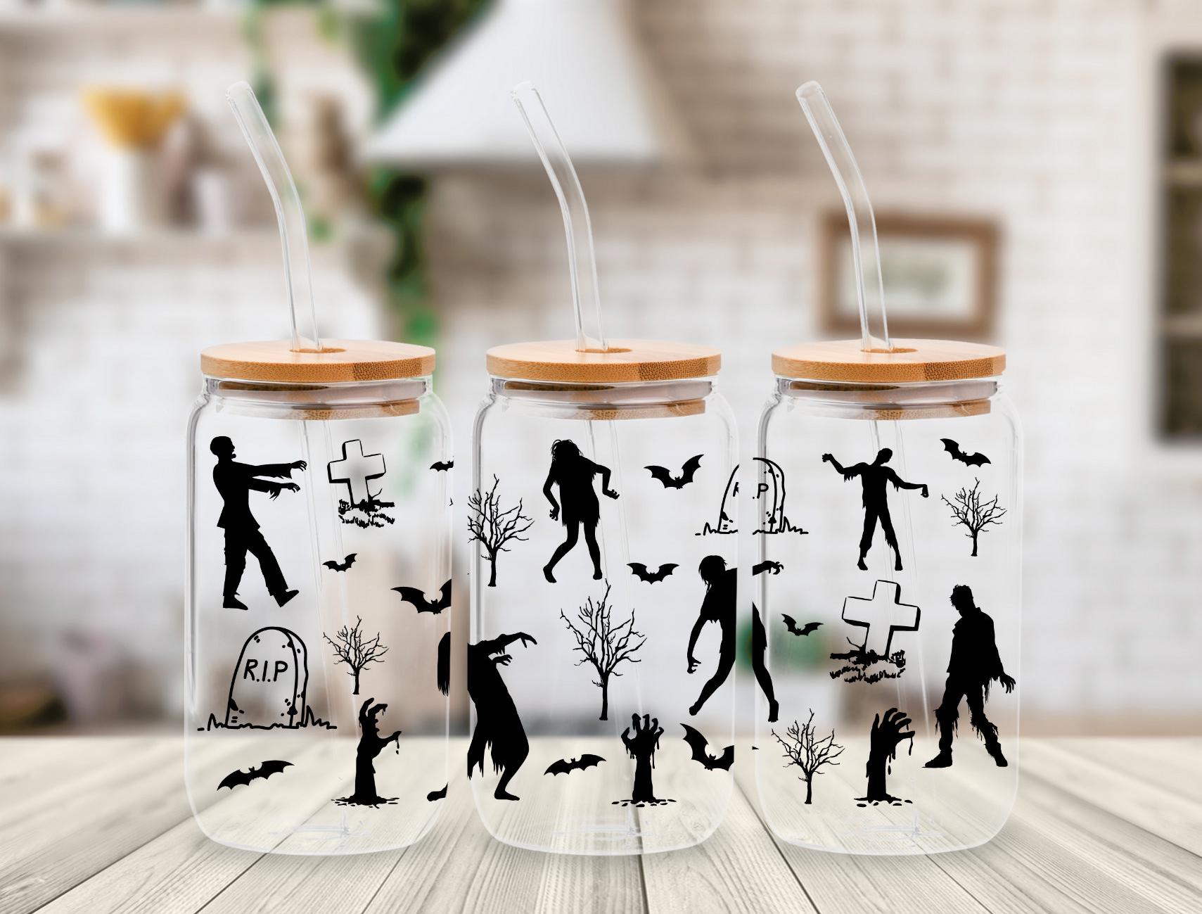 Zombie 16oz Glass Can Wrap PNG Halloween Glass Cup Wrap Spooky Zombie ...