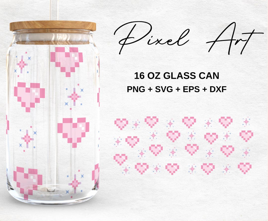 Pixelated Hearts and Sparkles 16oz Glass Can Wrap Pixel Art Glass Cup ...