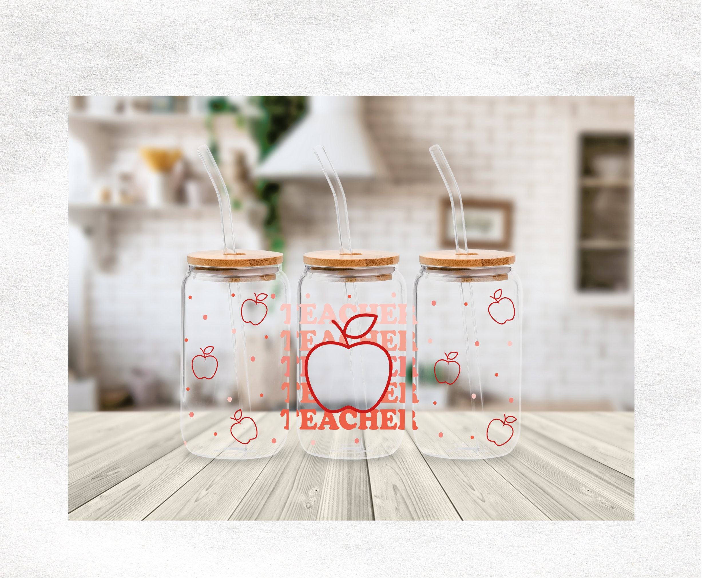 Teacher 16oz Glass Can Wrap Teacher and Apple Libbey Glass Cup Svg ...