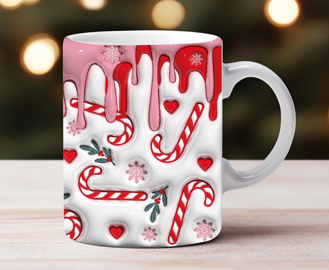3D Inflated Candy Canes Mug Wrap, Christmas Candy Mug Template, 3D Puff ...