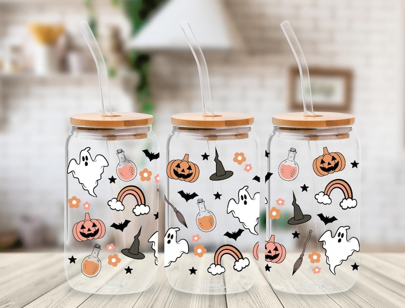 Halloween 16oz Glass Can Wrap PNG Ghost and Pumpkin Glass Cup Wrap ...