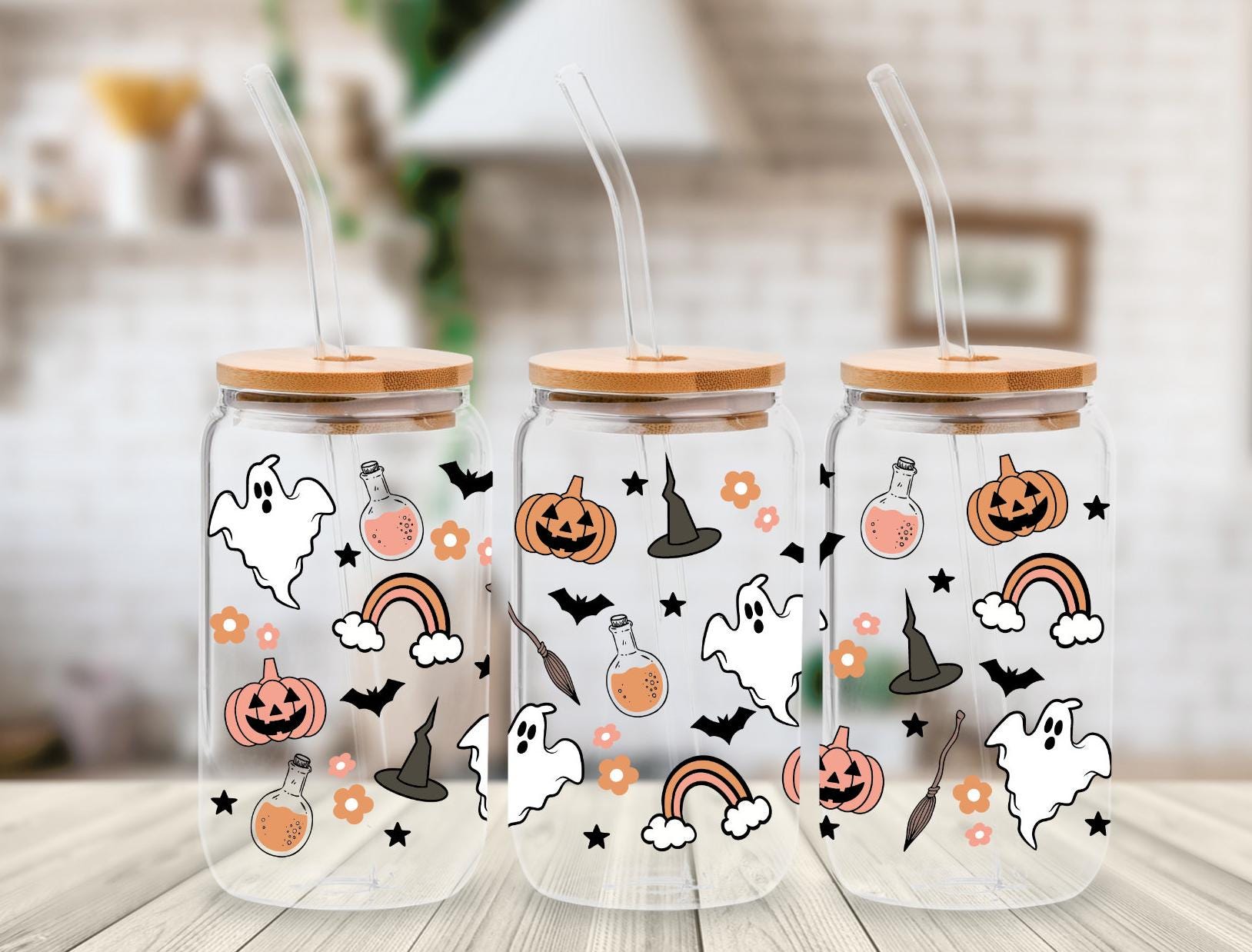 Halloween 16oz Glass Can Wrap PNG Ghost and Pumpkin Glass Cup Wrap ...