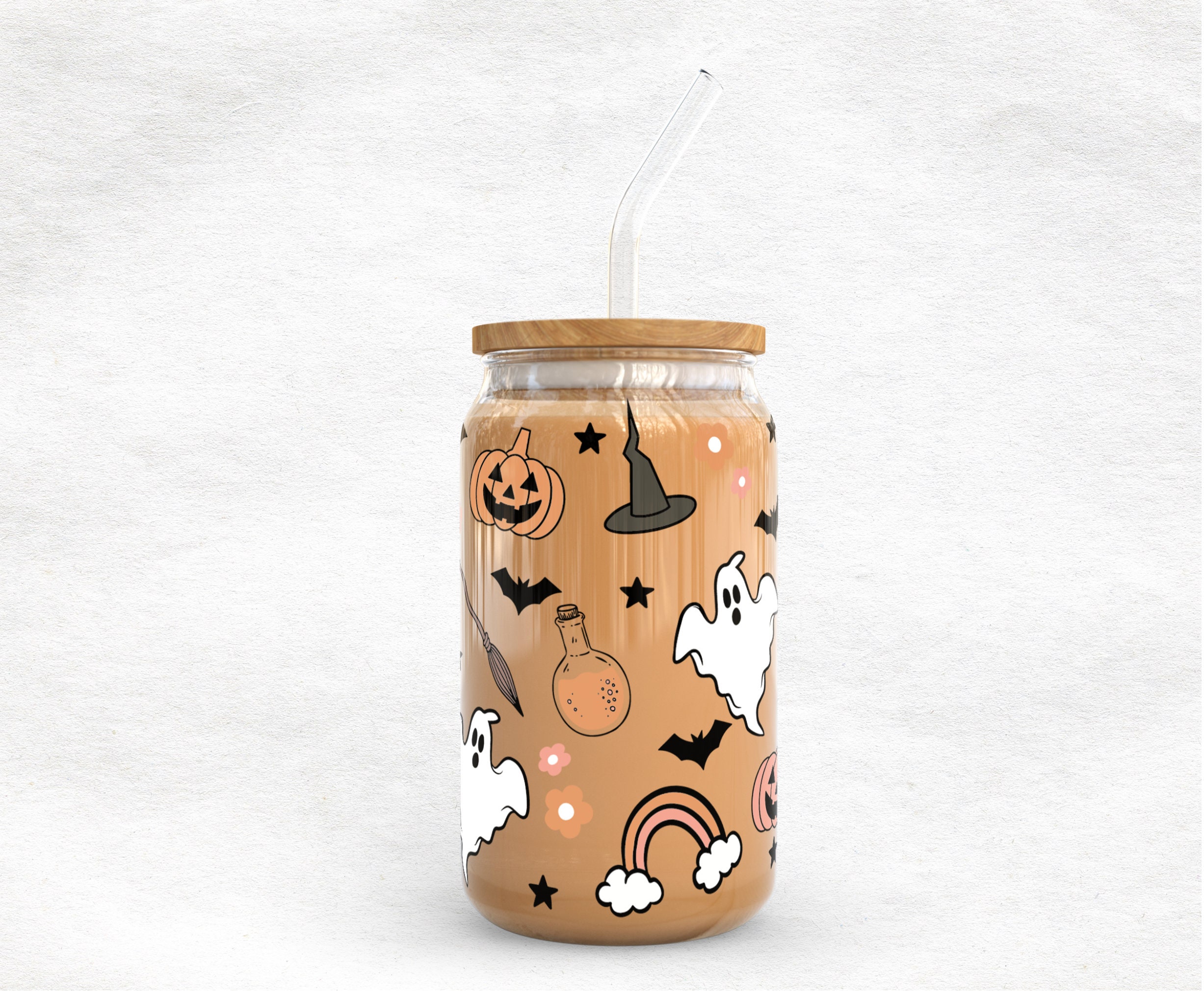 Halloween 16oz Glass Can Wrap PNG Ghost and Pumpkin Glass Cup Wrap ...