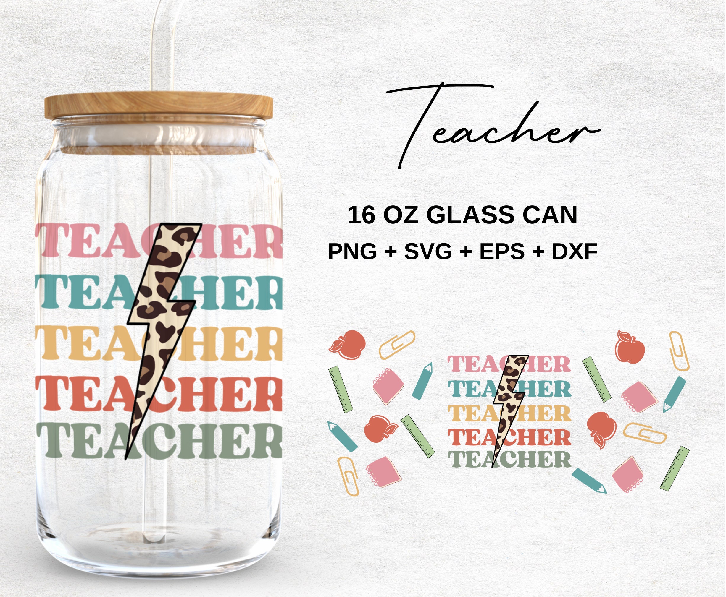 Teacher 16oz Glass Can Svg, Leopard Print Libbey Glass Can Wrap ...
