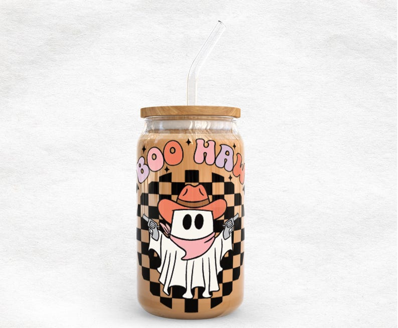 Boo Haw Cowboy Ghost 16oz Glass Can Wrap PNG Halloween Glass Cup Wrap ...
