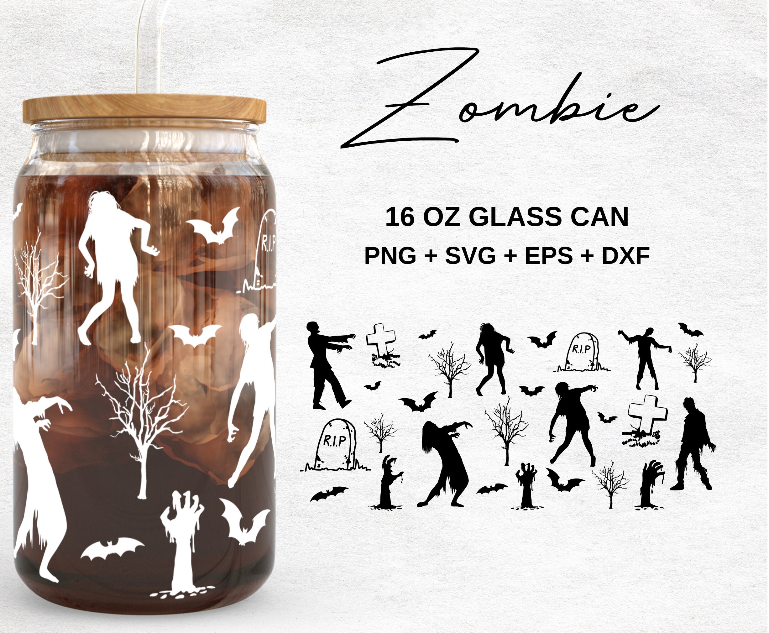 Zombie 16oz Glass Can Wrap PNG Halloween Glass Cup Wrap Spooky Zombie ...
