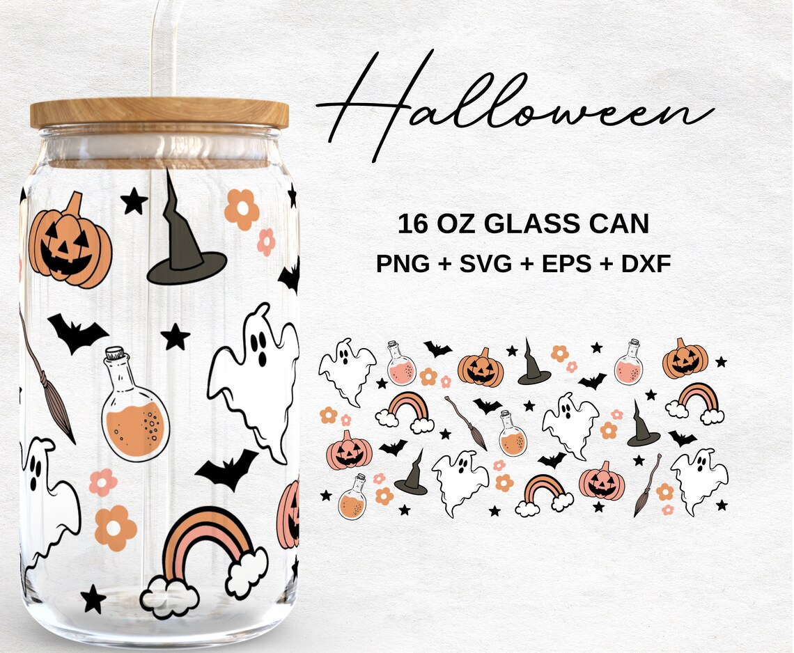 Halloween 16oz Glass Can Wrap PNG Ghost and Pumpkin Glass Cup Wrap ...