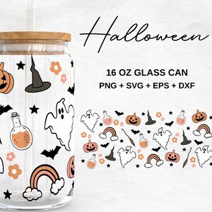 Halloween 16oz Glass Can Wrap PNG Ghost and Pumpkin Glass Cup Wrap ...