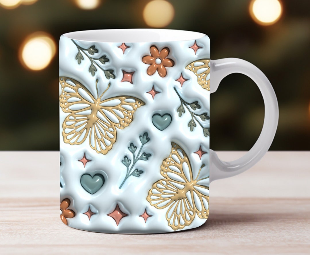 3D Butterfly and Flowers Inflated Mug Wrap | 11oz 15oz Unique Mug ...
