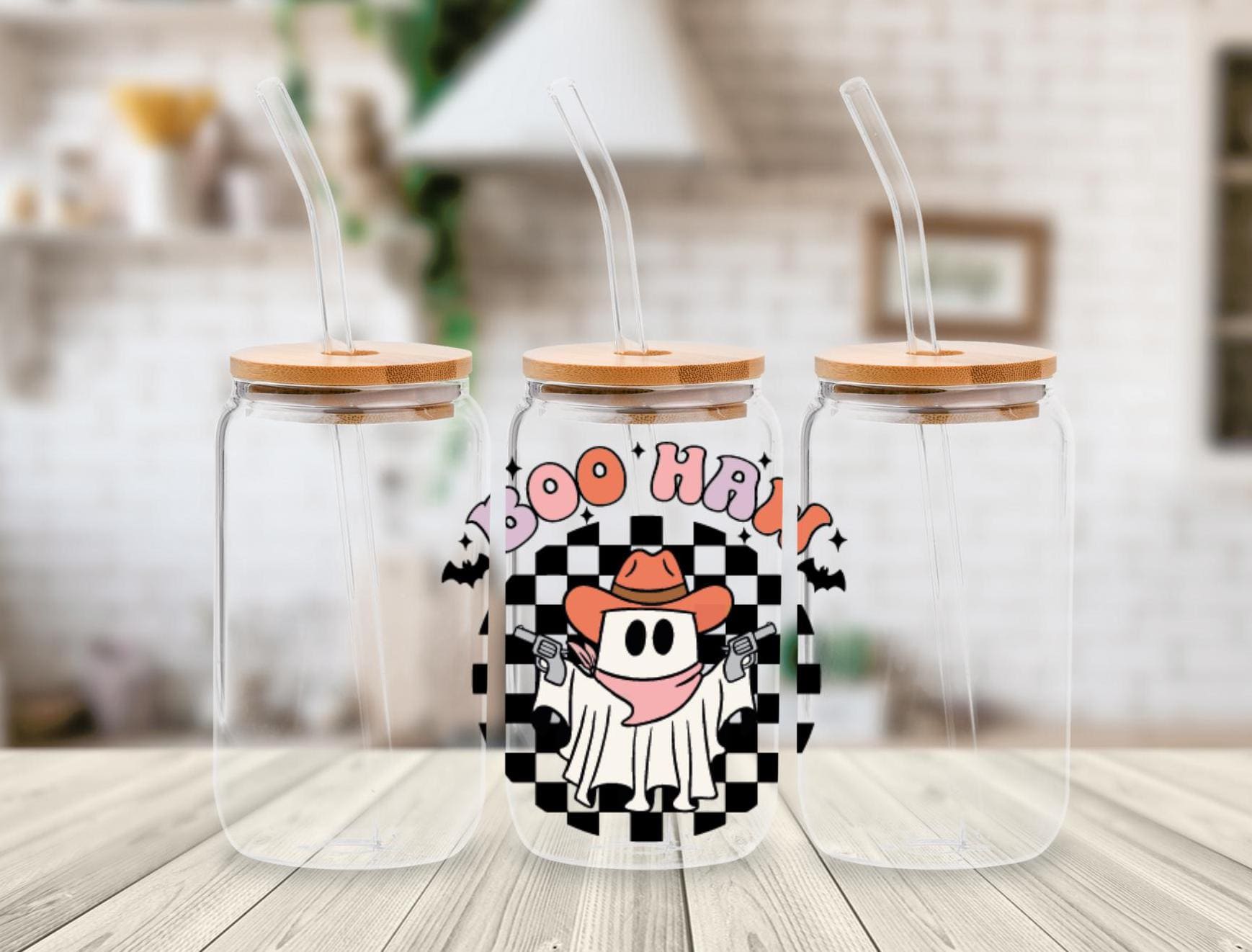 Boo Haw Cowboy Ghost 16oz Glass Can Wrap PNG Halloween Glass Cup Wrap ...