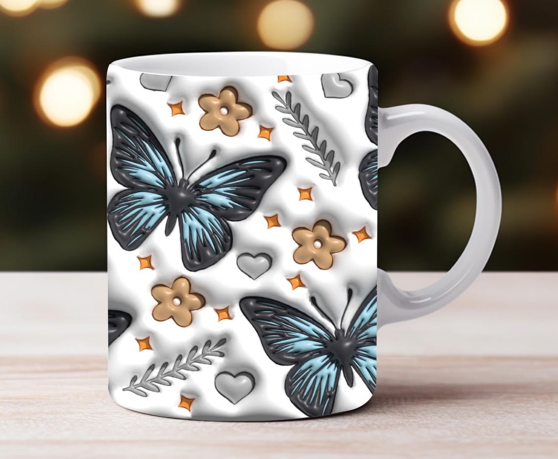 3D Blue Butterfly and Flowers Inflated Mug Wrap 11oz 15oz Unique Mug ...