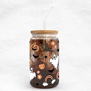 Halloween 16oz Glass Can Wrap PNG Ghost and Pumpkin Glass Cup Wrap ...