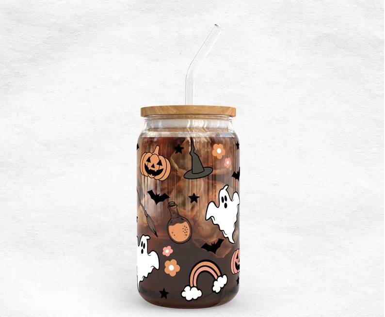 Halloween 16oz Glass Can Wrap PNG Ghost and Pumpkin Glass Cup Wrap ...