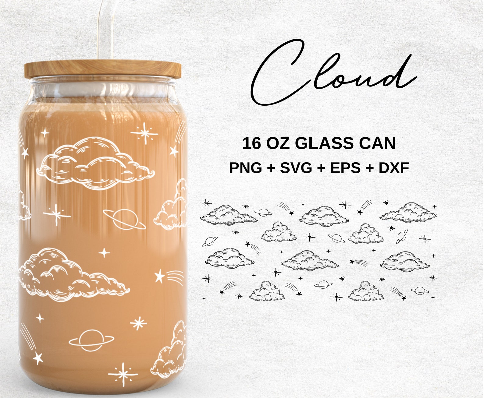 White Clouds 16oz Glass Can Svg, Sky Libbey Glass Can, Space and ...