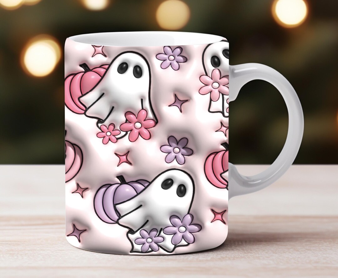 3D Floral Ghost Inflated Mug Wrap PNG | 11oz 15oz Halloween Mug Design ...