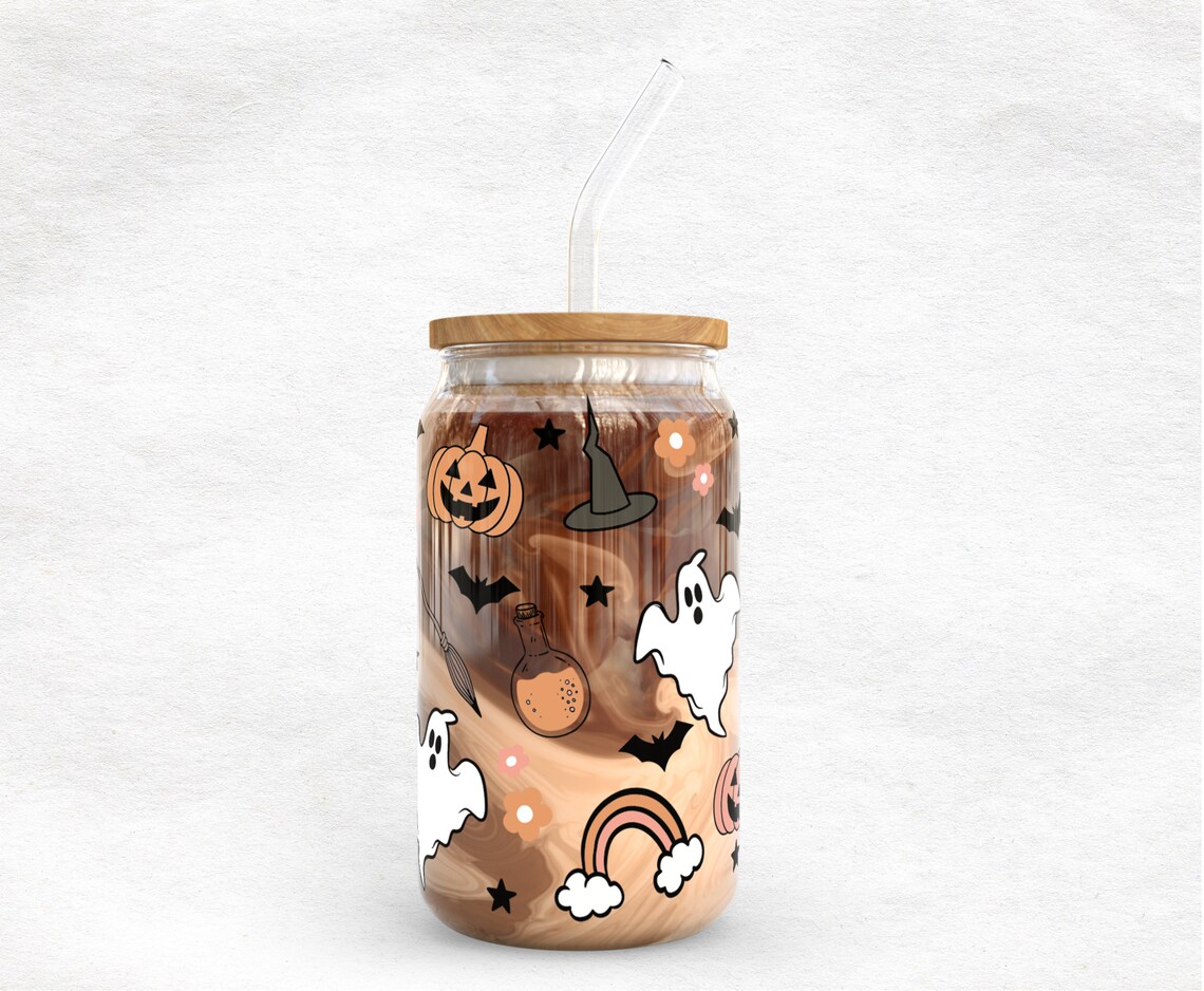 Halloween 16oz Glass Can Wrap PNG Ghost and Pumpkin Glass Cup Wrap ...