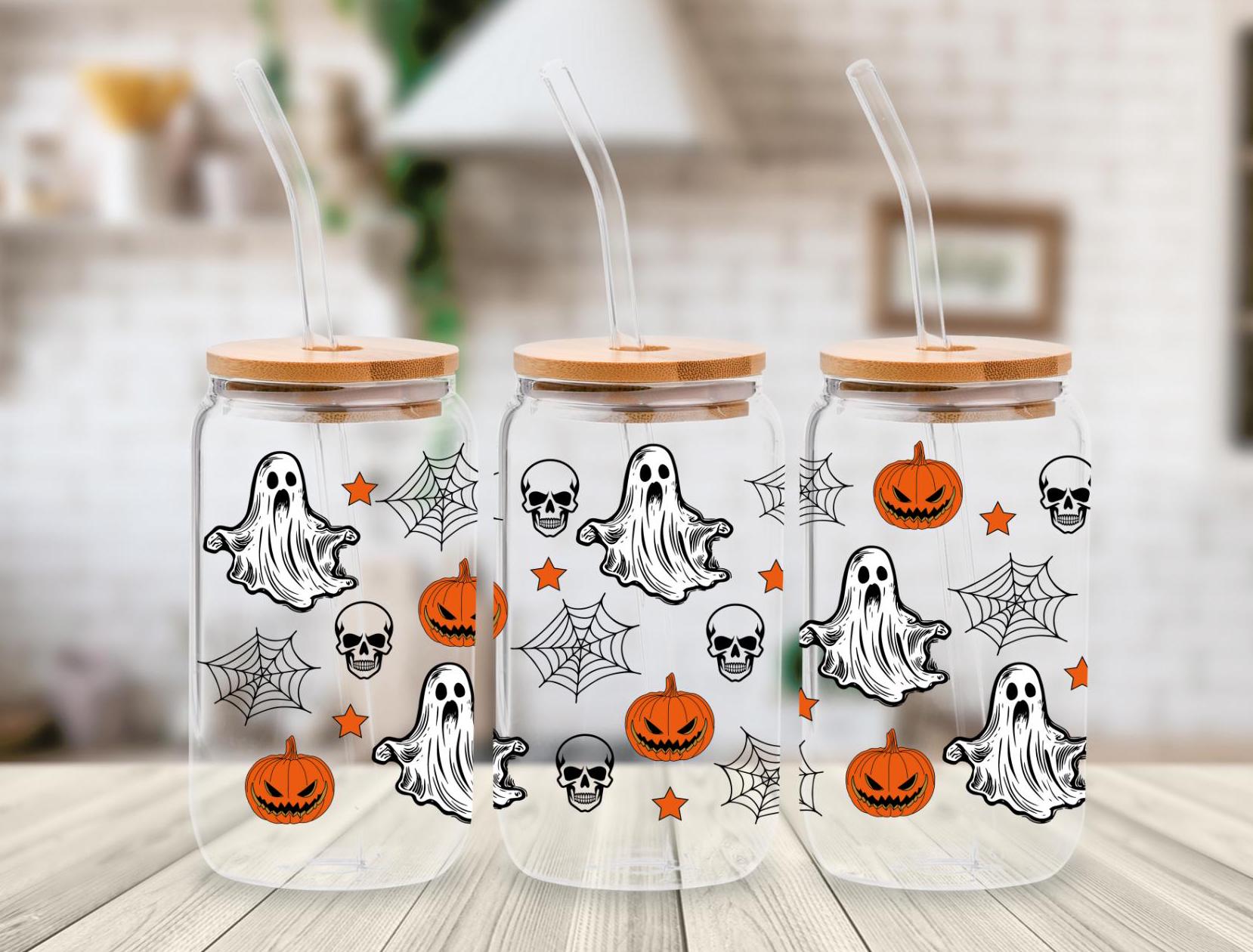Halloween 16oz Glass Can Wrap PNG Skulls and Ghosts Glass Cup Wrap ...