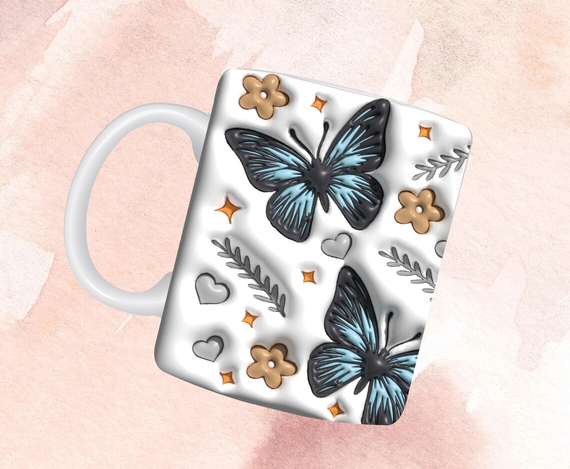3D Blue Butterfly and Flowers Inflated Mug Wrap 11oz 15oz Unique Mug ...