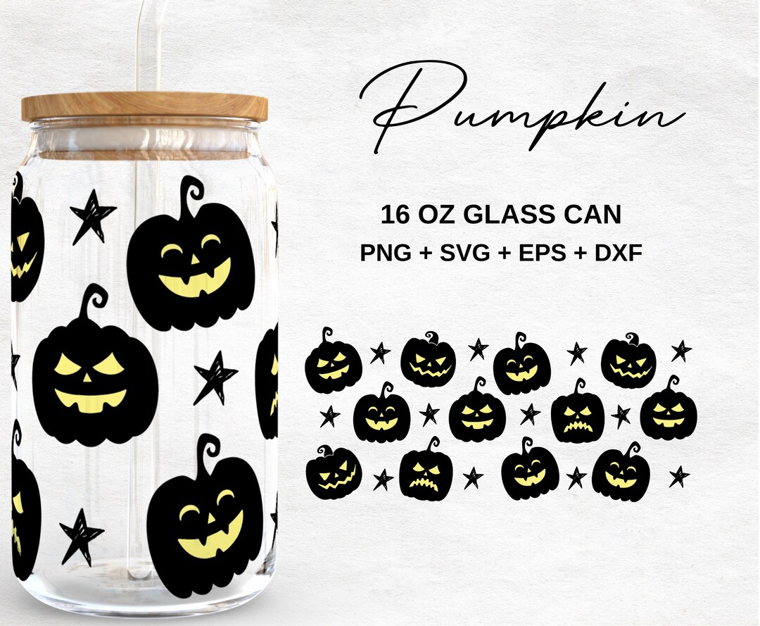 Halloween 16oz Glass Can Wrap PNG | Spooky Pumpkin Faces Glass Cup Wrap ...