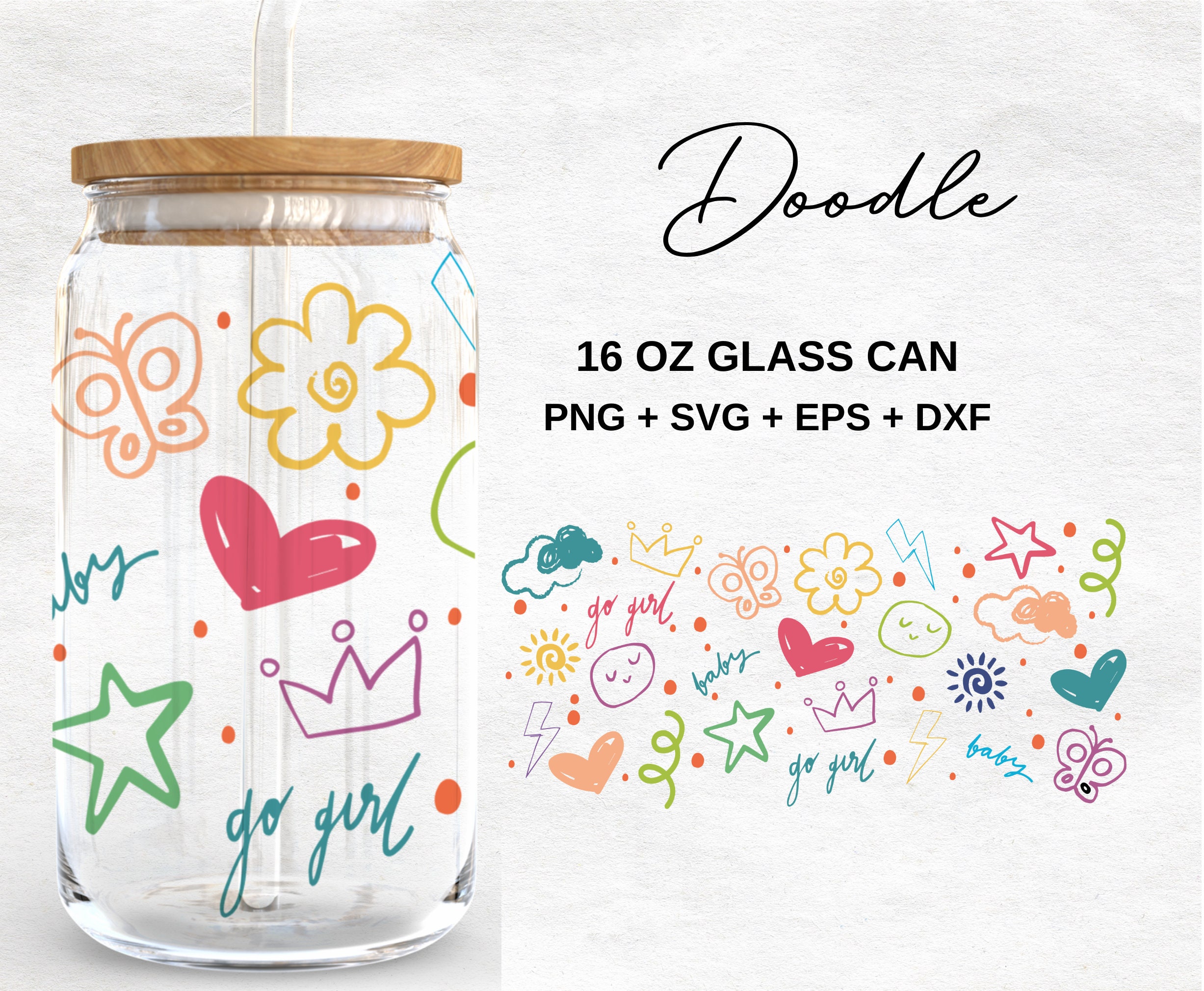 Doodle 16oz Glass Can Svg,drawings Libbey Glass Can Wrap, Svg Files for ...