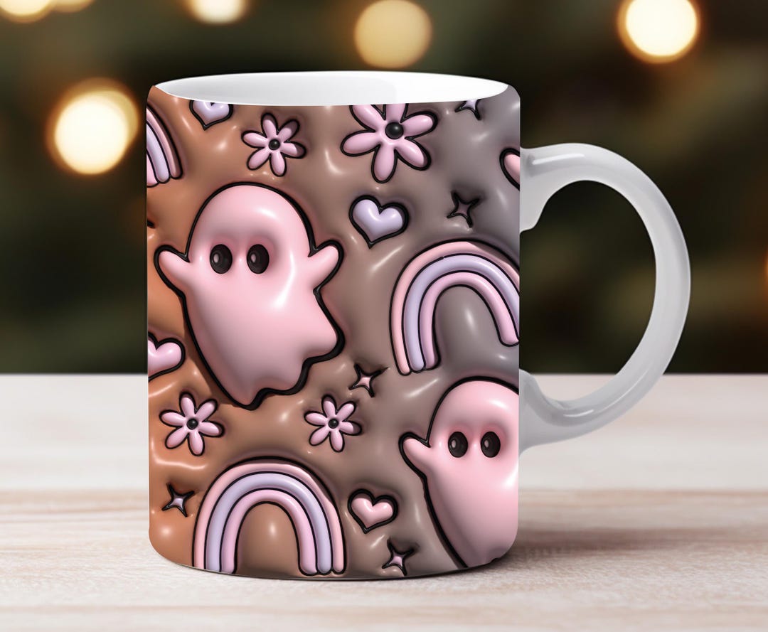 3D Rainbow Ghost Inflated Mug Wrap PNG 11oz 15oz Halloween Mug Design ...