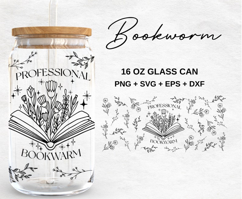 Professional Bookworm 16oz Glass Can Svg, Book Lover Libbey Glass Can ...