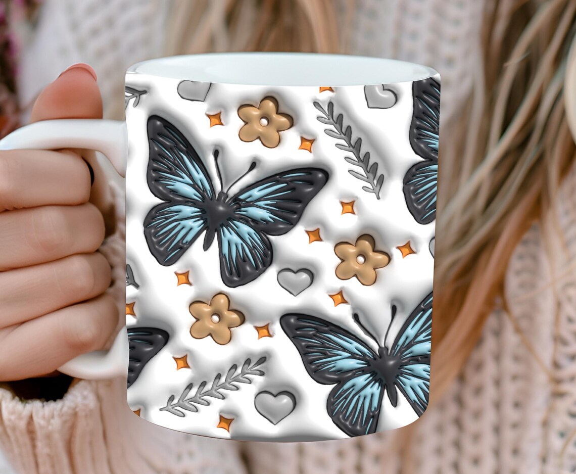 3D Blue Butterfly and Flowers Inflated Mug Wrap 11oz 15oz Unique Mug ...