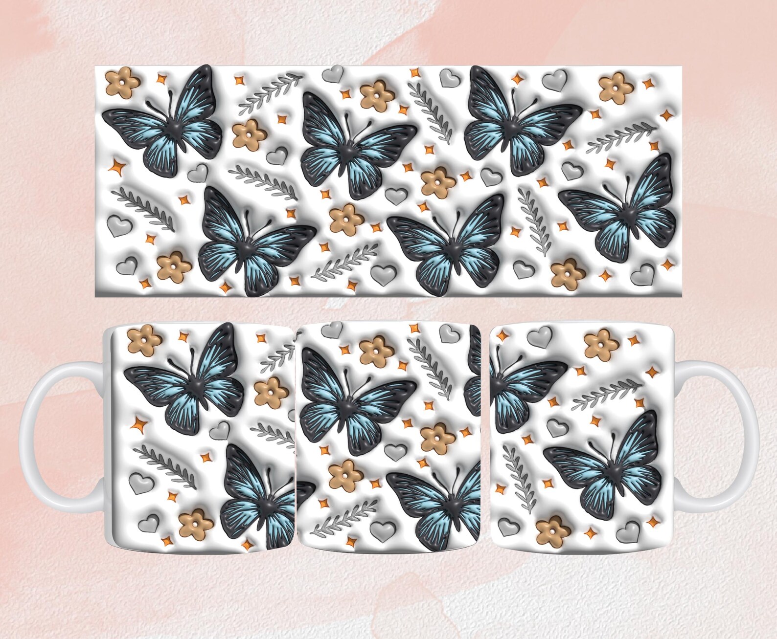 3D Blue Butterfly and Flowers Inflated Mug Wrap 11oz 15oz Unique Mug ...