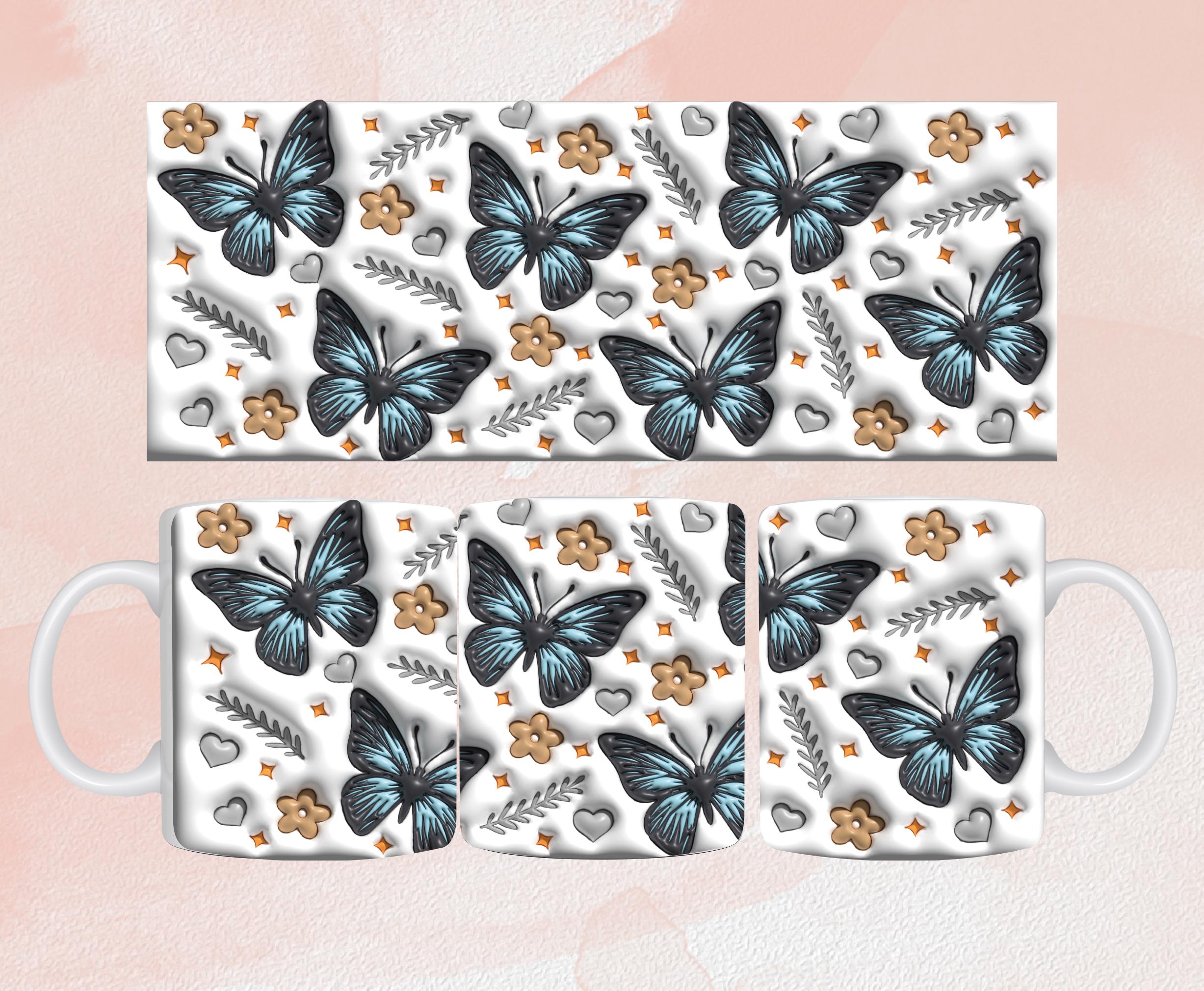 3D Blue Butterfly and Flowers Inflated Mug Wrap 11oz 15oz Unique Mug ...