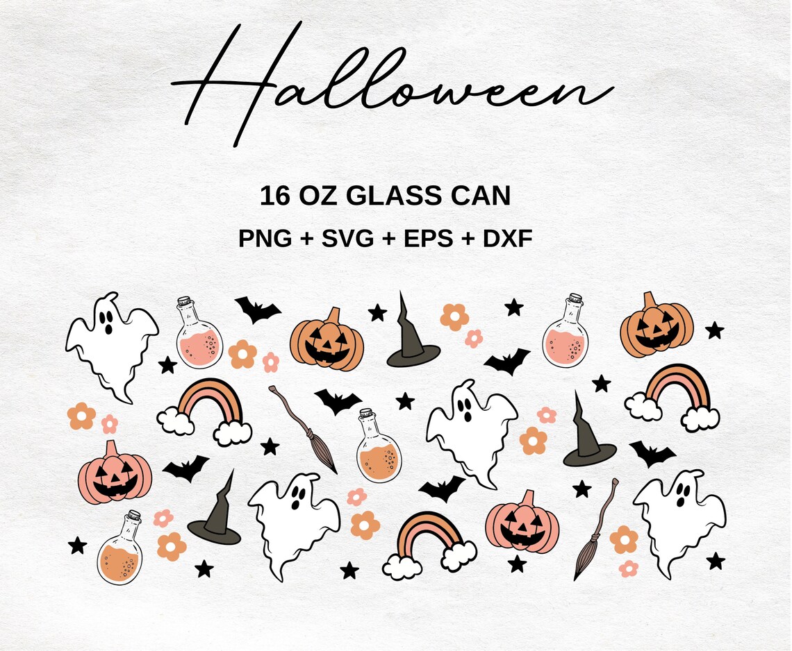 Halloween 16oz Glass Can Wrap PNG Ghost and Pumpkin Glass Cup Wrap ...