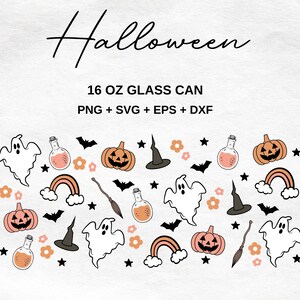 Halloween 16oz Glass Can Wrap PNG Ghost and Pumpkin Glass Cup Wrap ...