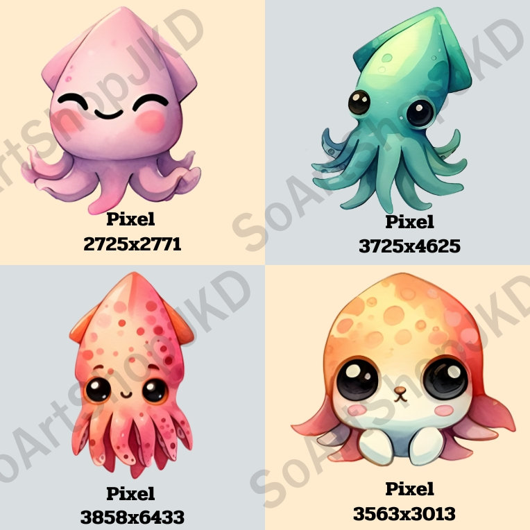 Cute Squid Watercolor PNG Set - 12 High-resolution Clipart Images for ...