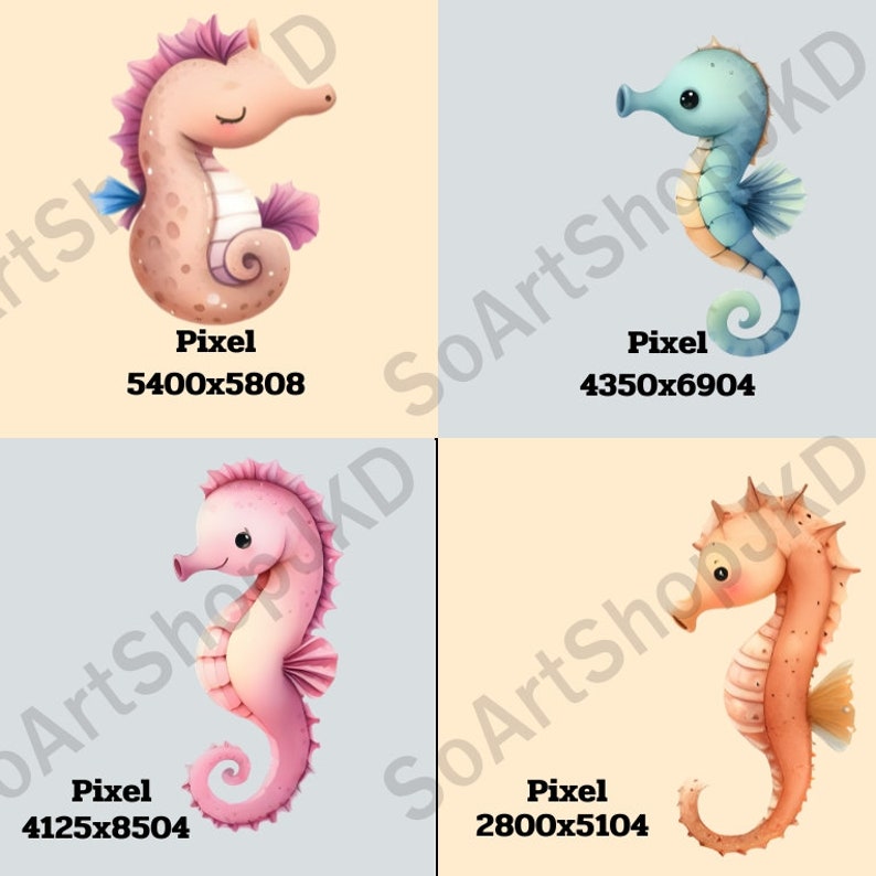 Watercolor Colorful PNG Sea Horses Clipart Set - Etsy