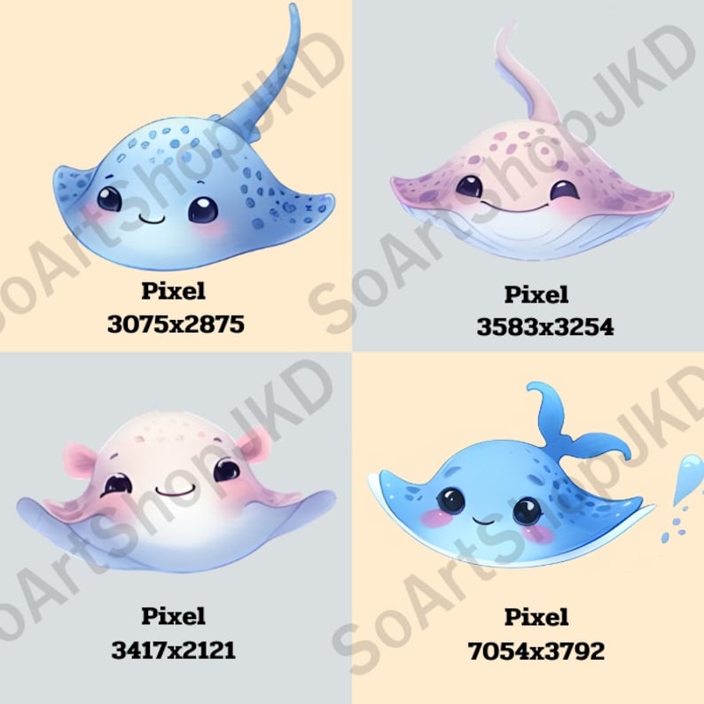 Set of 10 PNG Watercolor Cute Stingray Clipart - Etsy