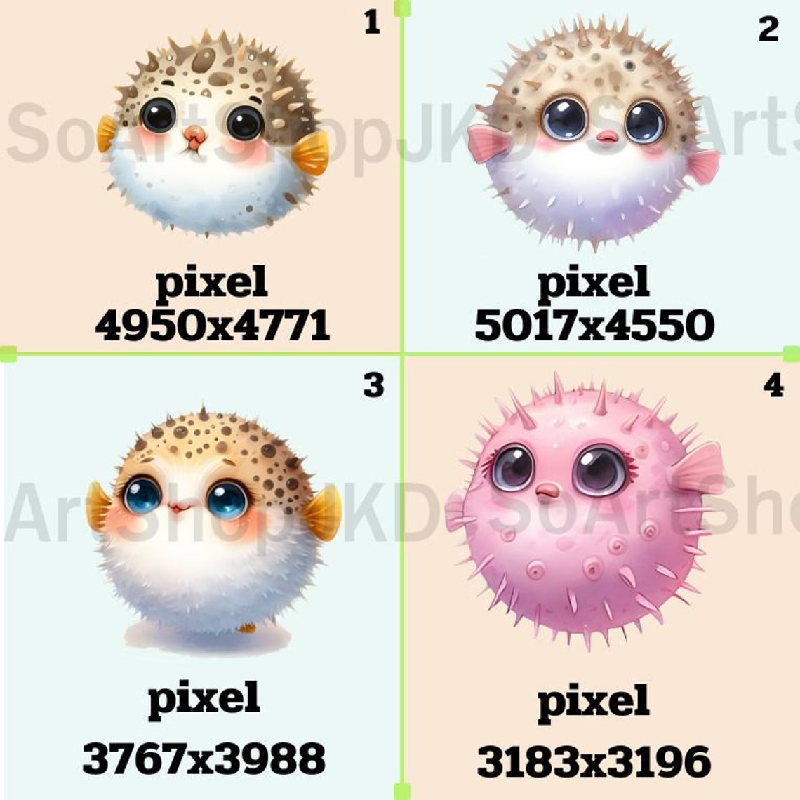 Watercolor Cute Puffer Fish Clipart, Set of 7 Pngs - Etsy