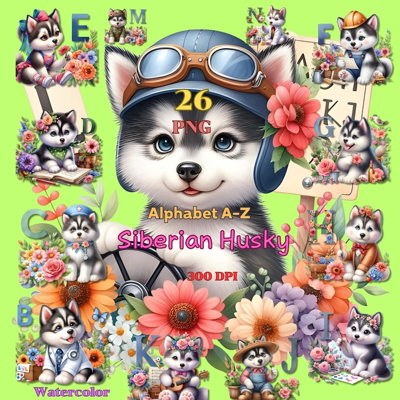 Husky Alphabet Clipart: 26 PNG Letters, Dog Professions (digital ...