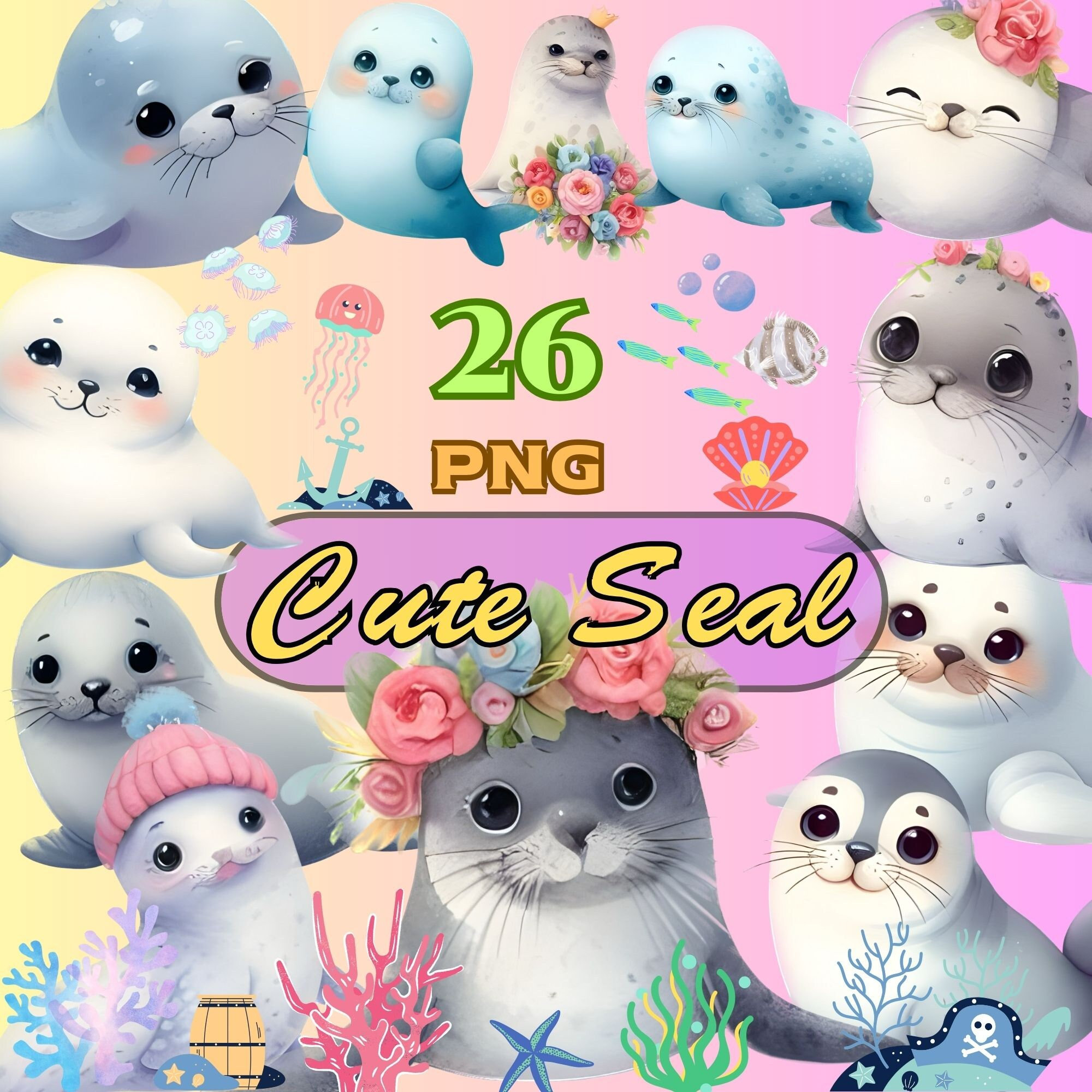 Adorable Seal PNG Set 26 Cute Seal Clipart Images With Flowers and ...