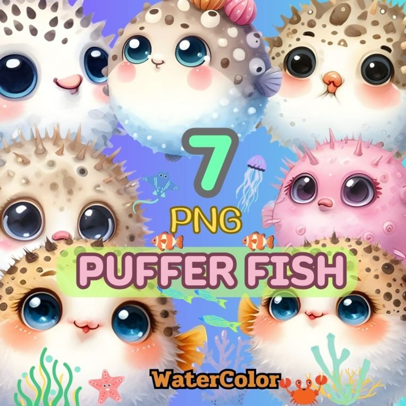 Watercolor Cute Puffer Fish Clipart, Set of 7 Pngs - Etsy