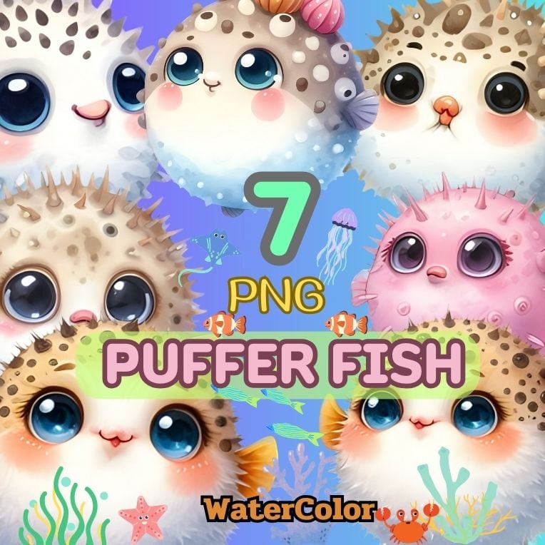 Watercolor Cute Puffer Fish Clipart, Set of 7 Pngs - Etsy